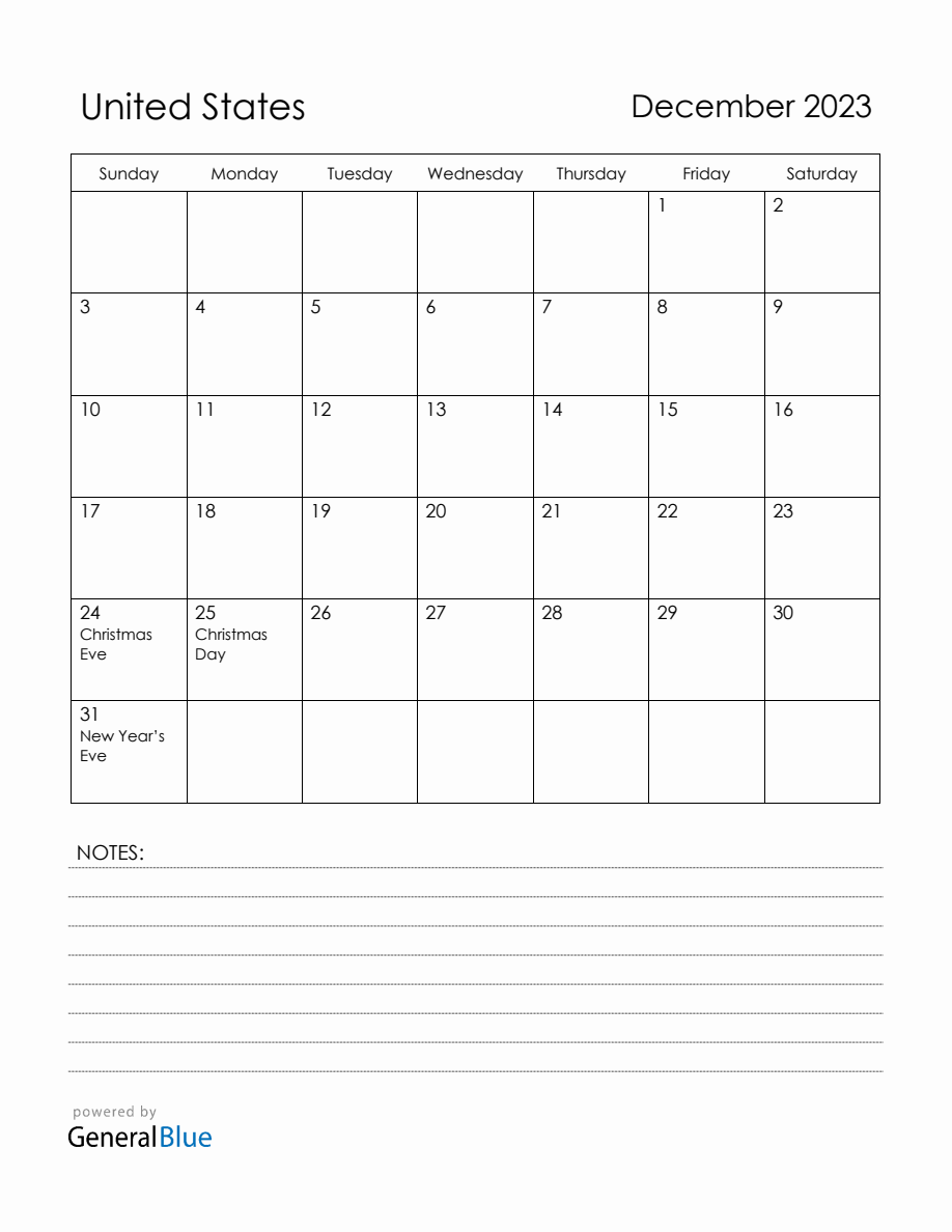December 2023 United States Calendar with Holidays