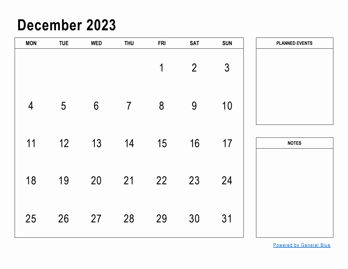 December 2023 Monthly Planner - Monday Start