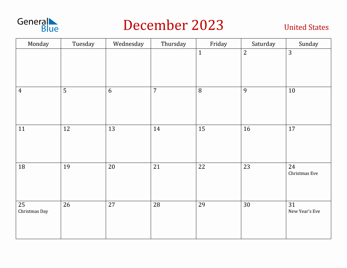 December 2023 United States Monthly Calendar with Holidays