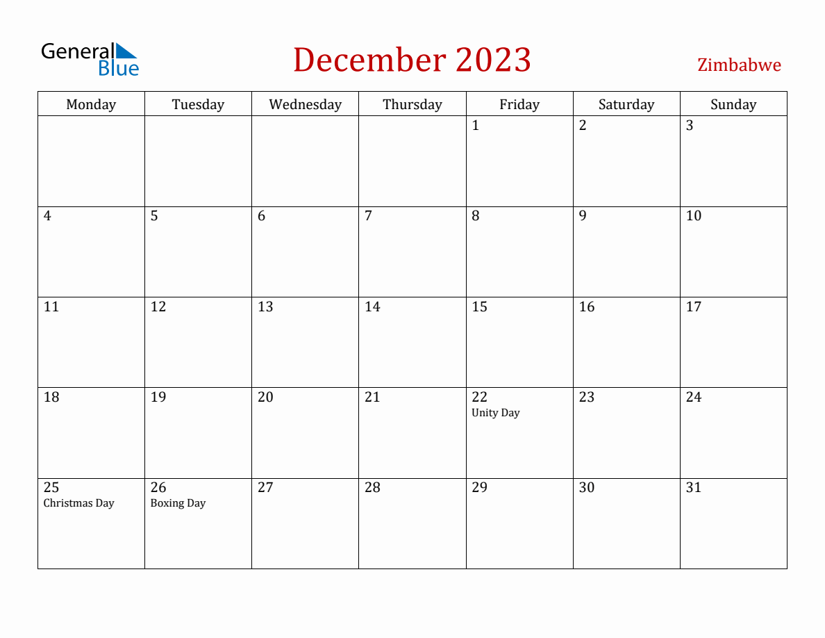 December 2023 Zimbabwe Monthly Calendar with Holidays