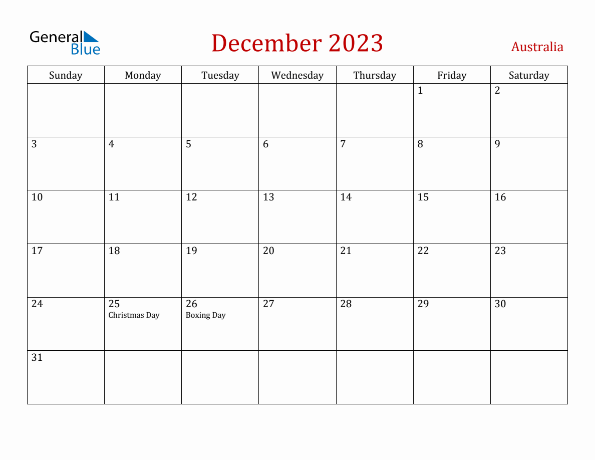 December 2023 Australia Monthly Calendar with Holidays