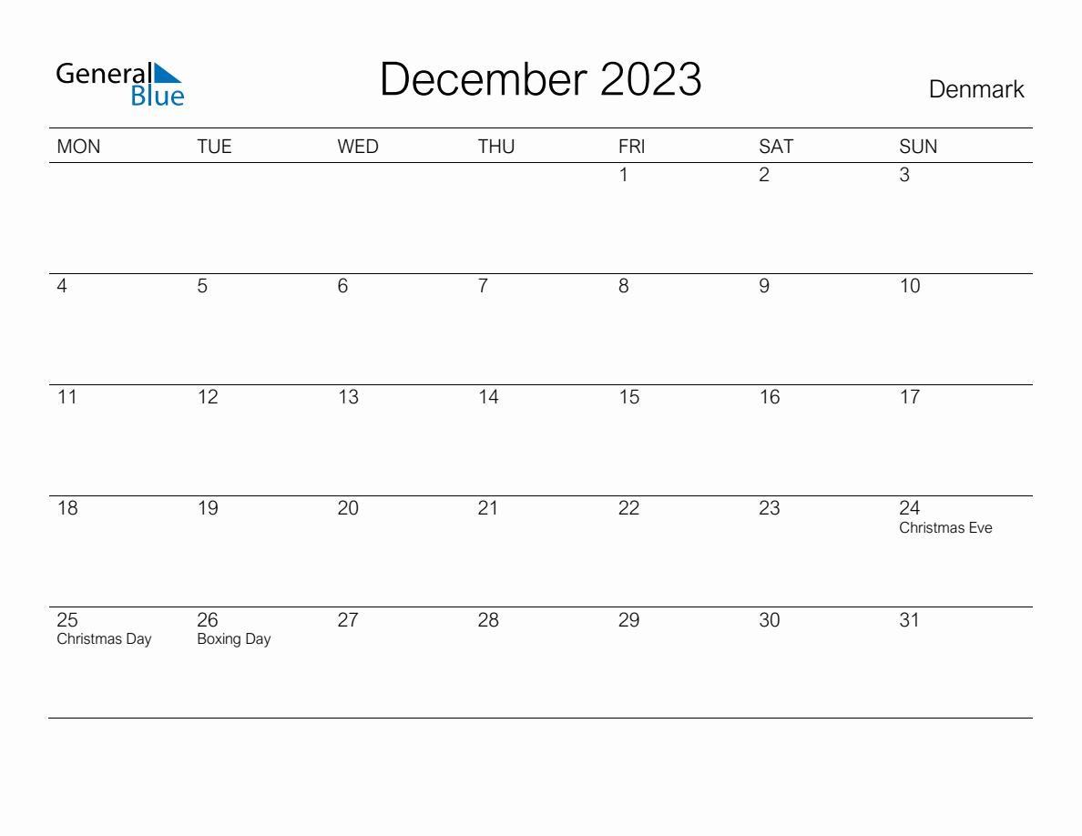Printable December 2023 Monthly Calendar with Holidays for Denmark ...