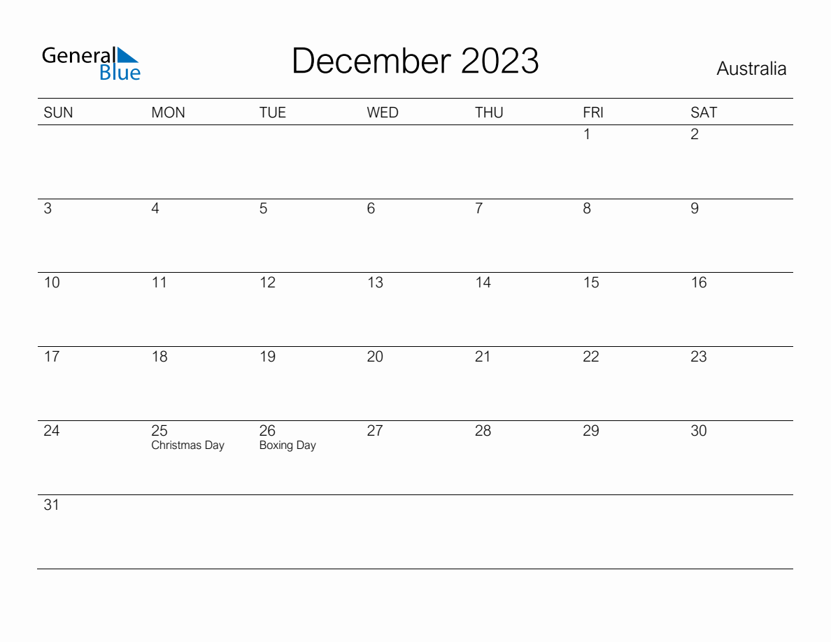 Printable December 2023 Monthly Calendar with Holidays for Australia