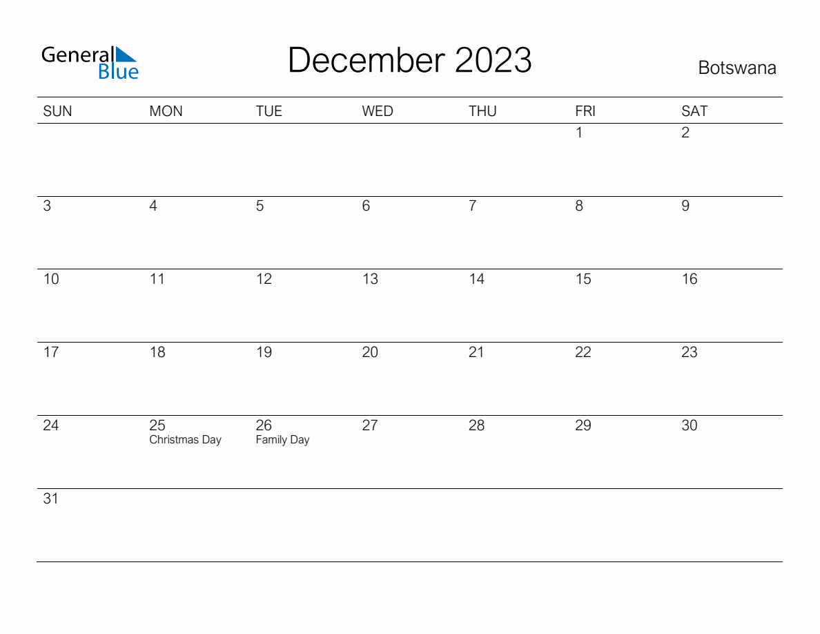 Printable December 2023 Monthly Calendar with Holidays for Botswana