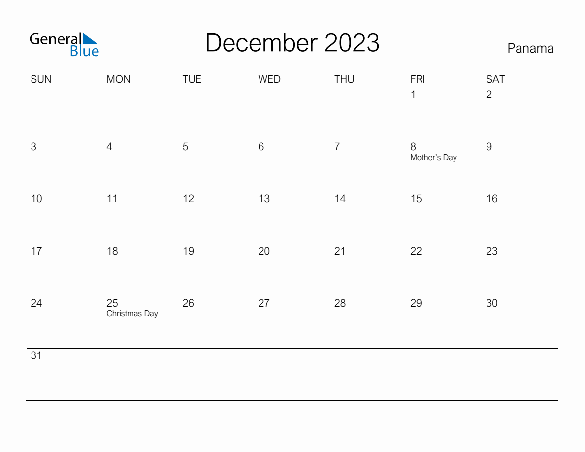 Printable December 2023 Monthly Calendar with Holidays for Panama
