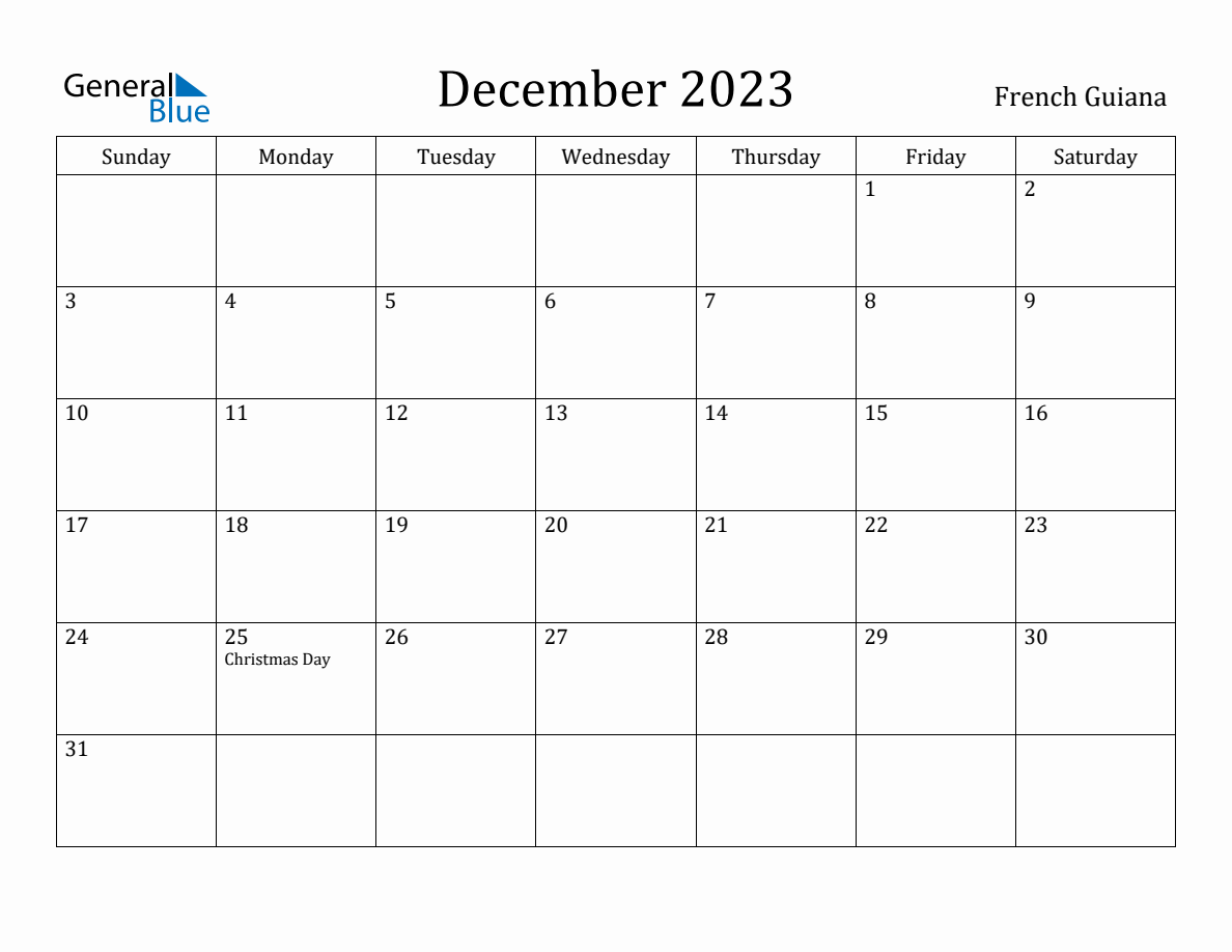 December 2023 Monthly Calendar with French Guiana Holidays