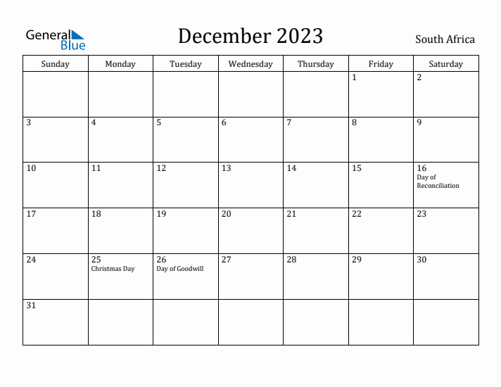 December 2023 South Africa Monthly Calendar With Holidays December 2023 South Africa Monthly Calendar With Holidays