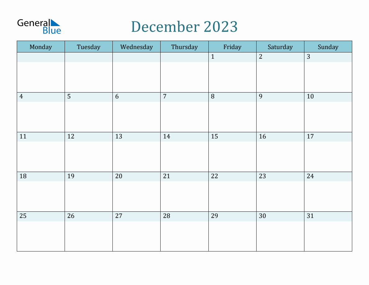 December 2023 Monthly Calendar Template - Monday Start