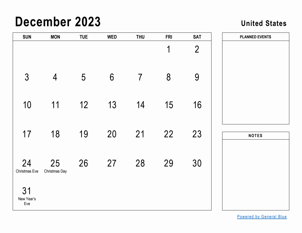 December 2023 Planner with United States Holidays