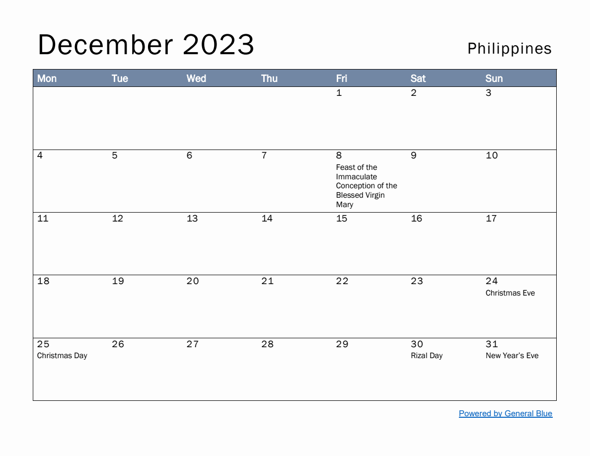 Free Monthly Calendar Template for December 2023 with Philippines ...