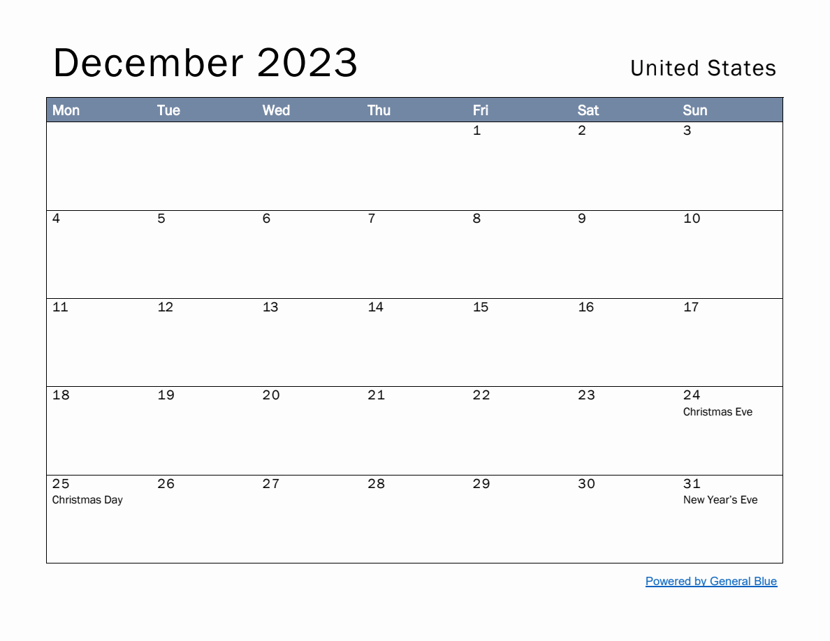 Free Monthly Calendar Template for December 2023 with United States ...