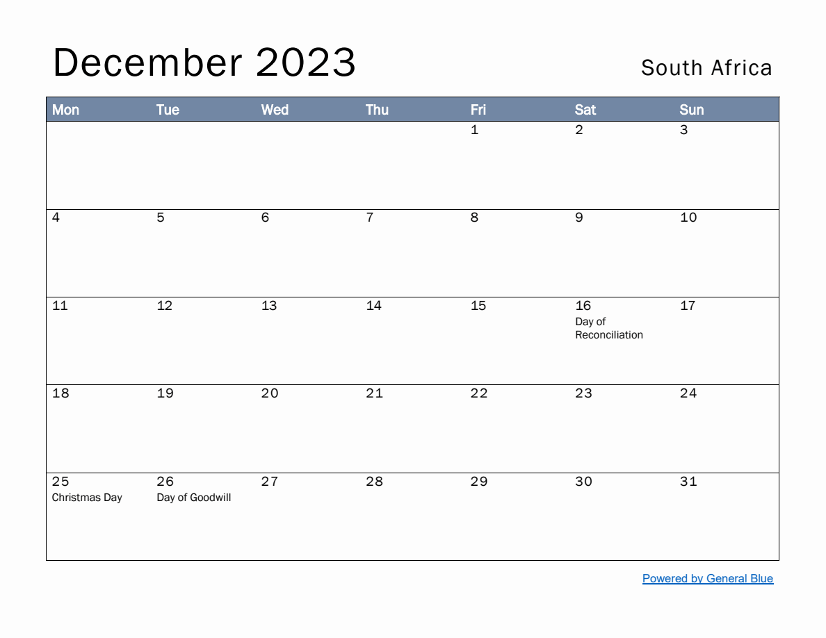 Free Monthly Calendar Template for December 2023 with South Africa ...