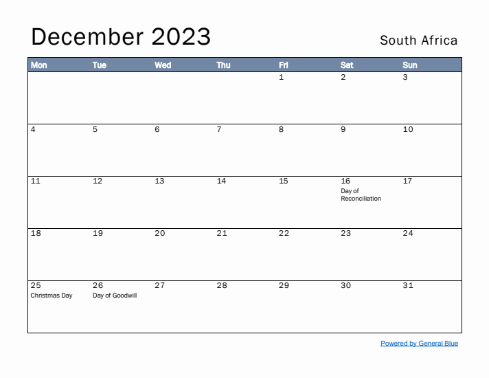 December 2023 South Africa Calendar With Holidays December 2023 South Africa Calendar With Holidays