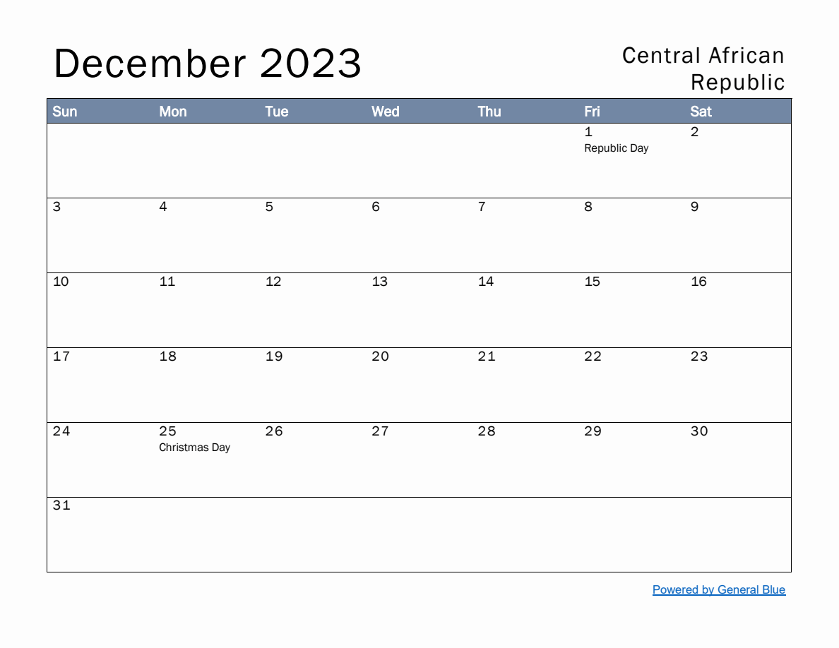 Free Monthly Calendar Template for December 2023 with Central African ...