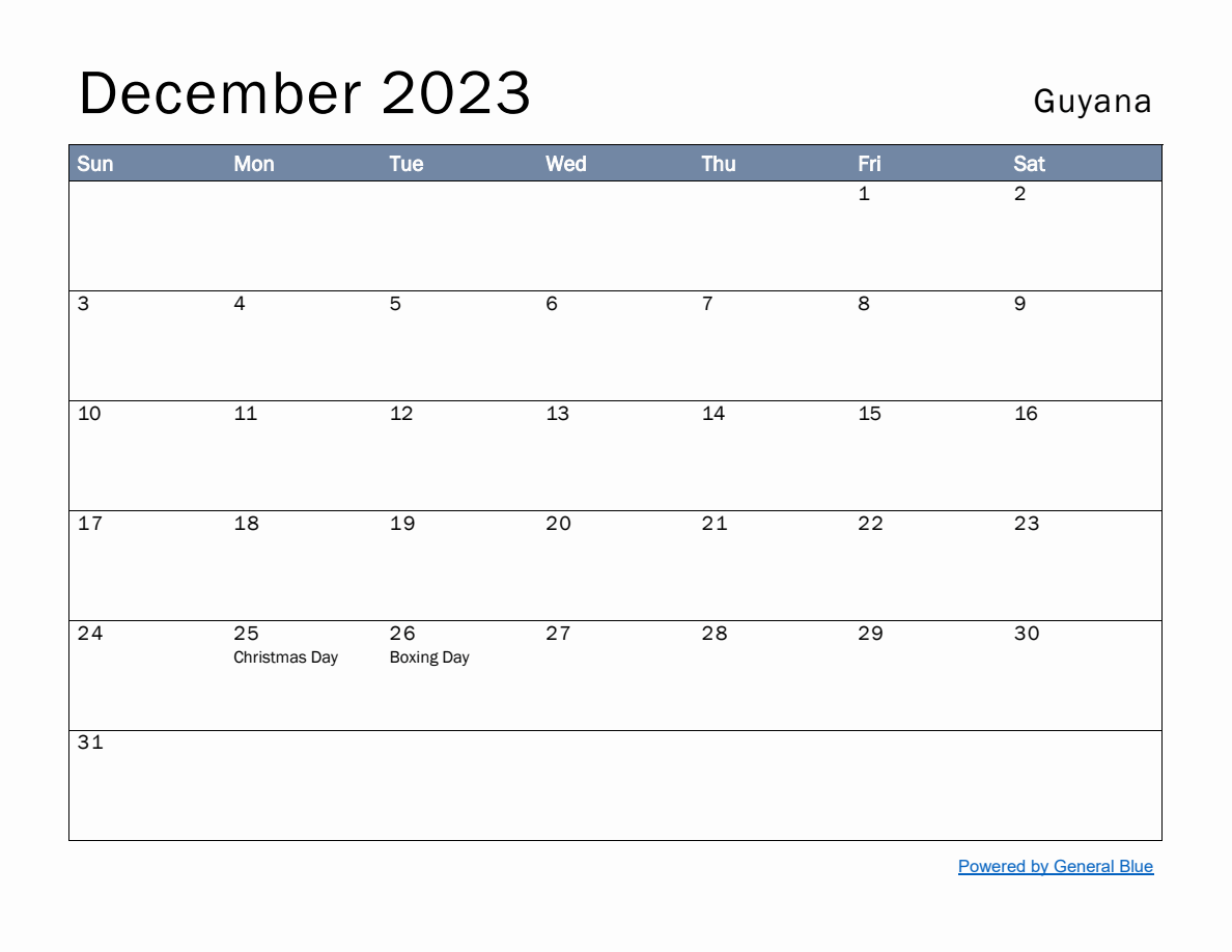 Free Monthly Calendar Template for December 2023 with Guyana Holidays