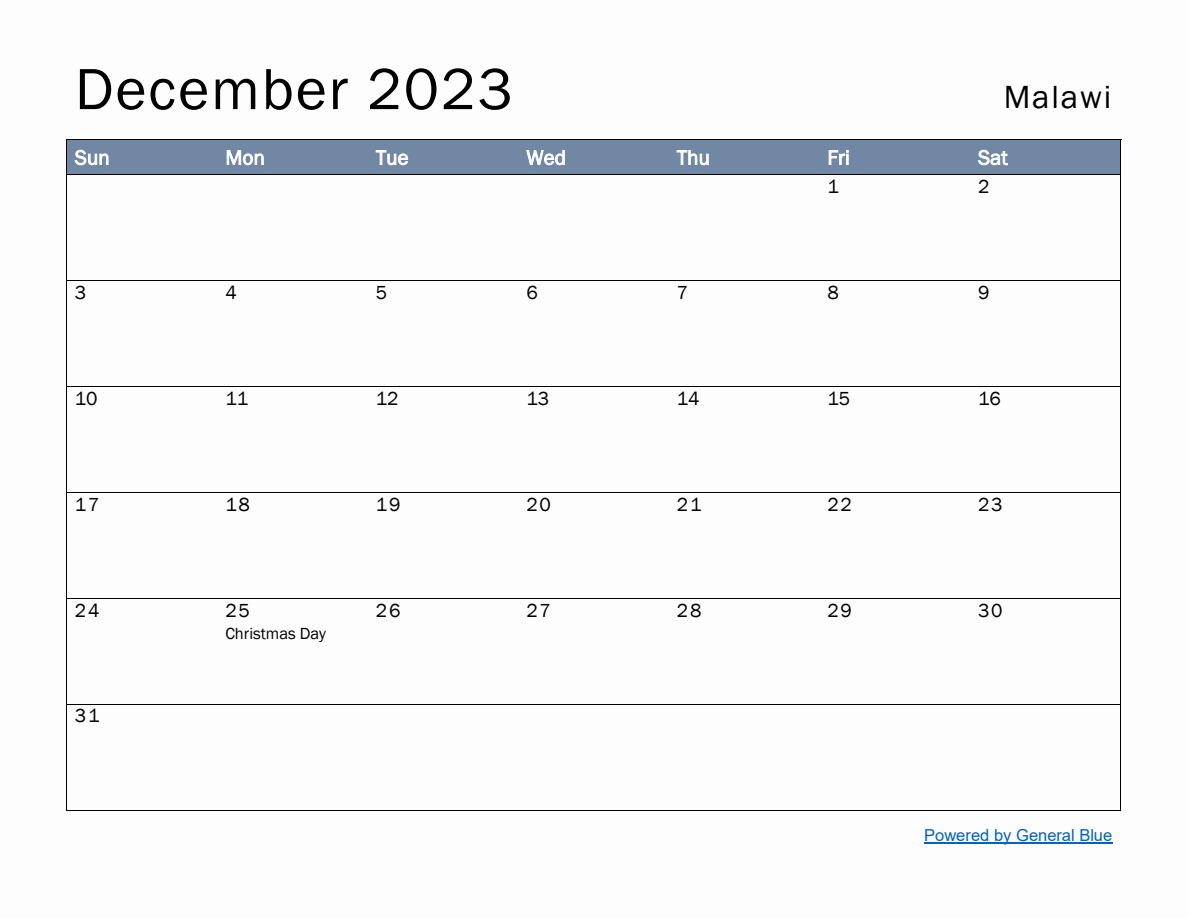 Free Monthly Calendar Template for December 2023 with Malawi Holidays