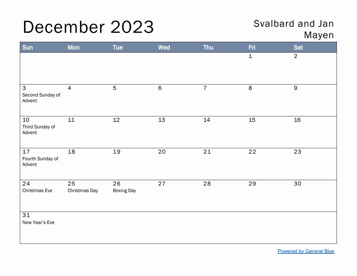 Free Monthly Calendar Template for December 2023 with Svalbard and Jan ...