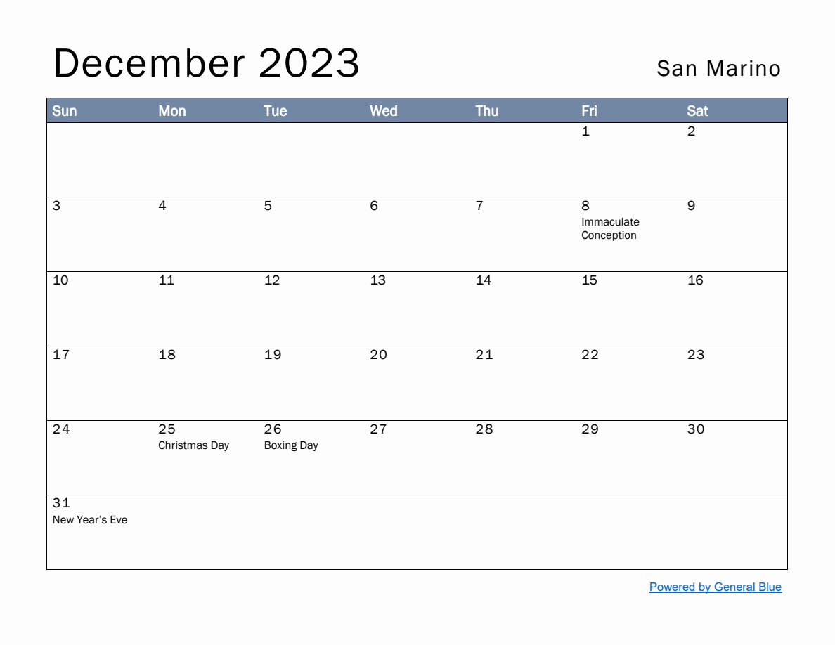 Free Monthly Calendar Template for December 2023 with San Marino Holidays