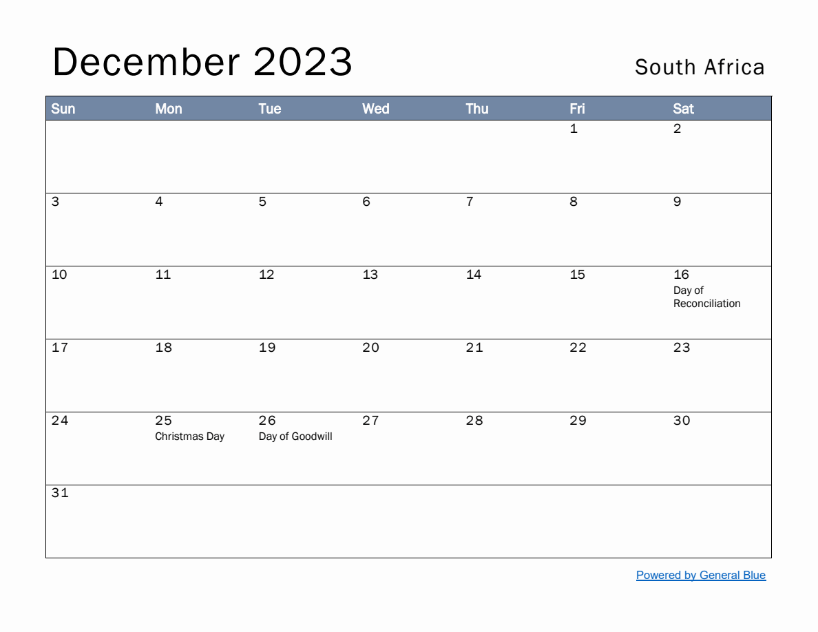 Free Monthly Calendar Template for December 2023 with South Africa Holidays