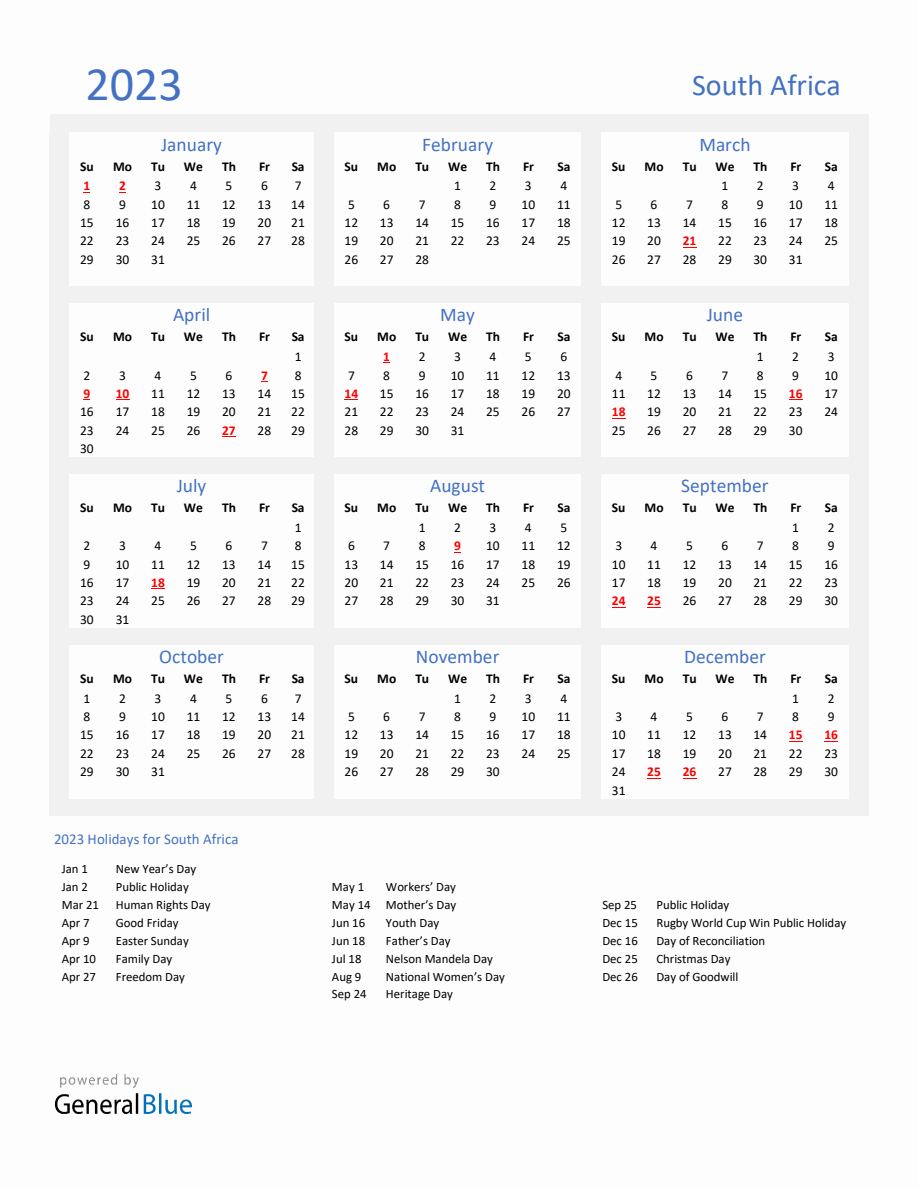 Basic Yearly Calendar with Holidays in South Africa for 2023