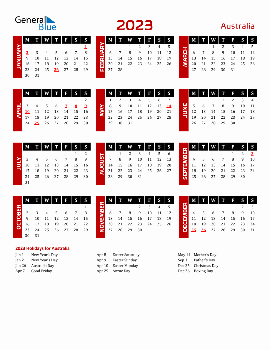 Australia 2023 Yearly Calendar Downloadable - Monday Start