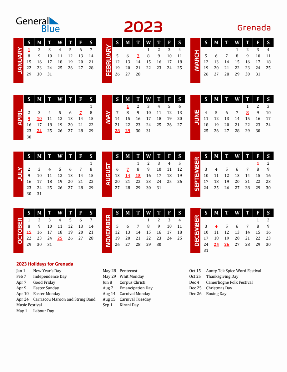 Grenada 2023 Yearly Calendar Downloadable