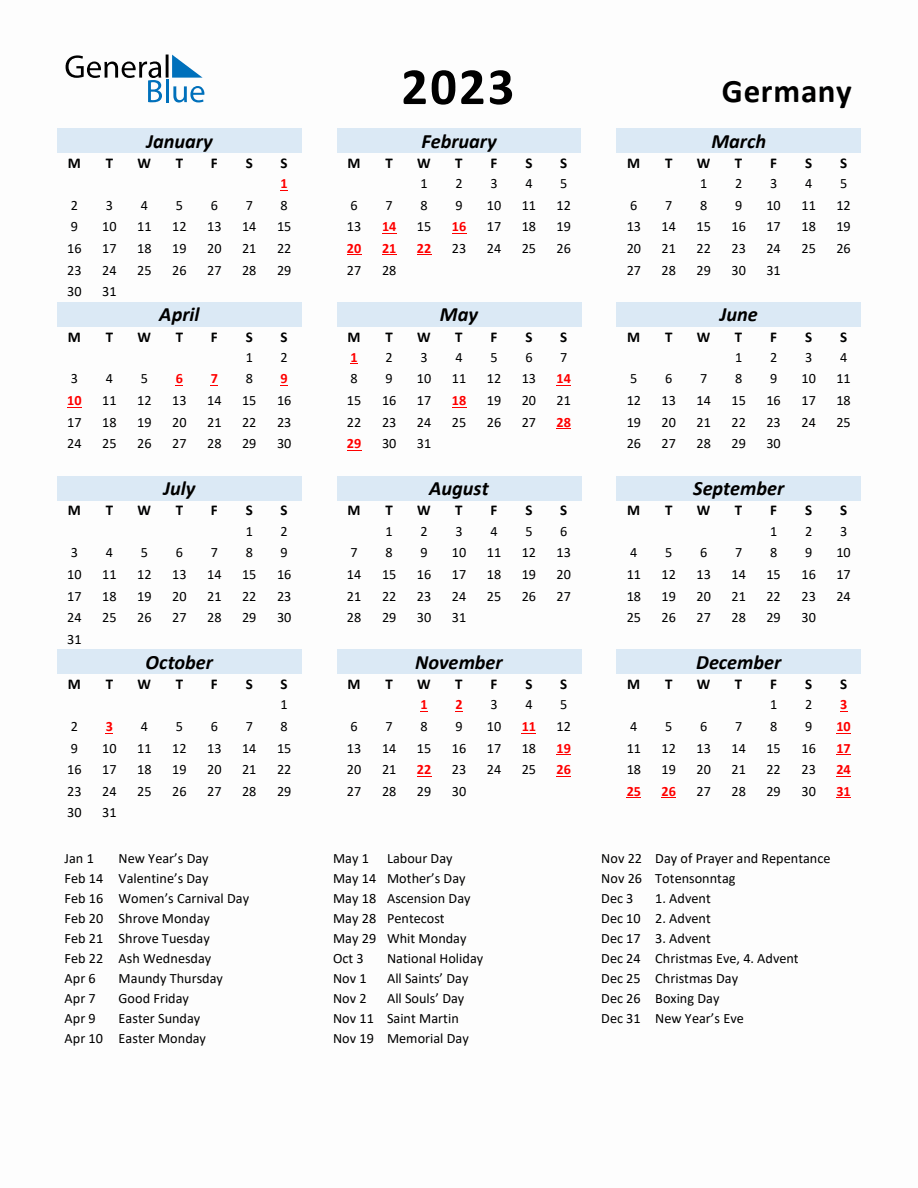 2023 Yearly Calendar for Germany with Holidays