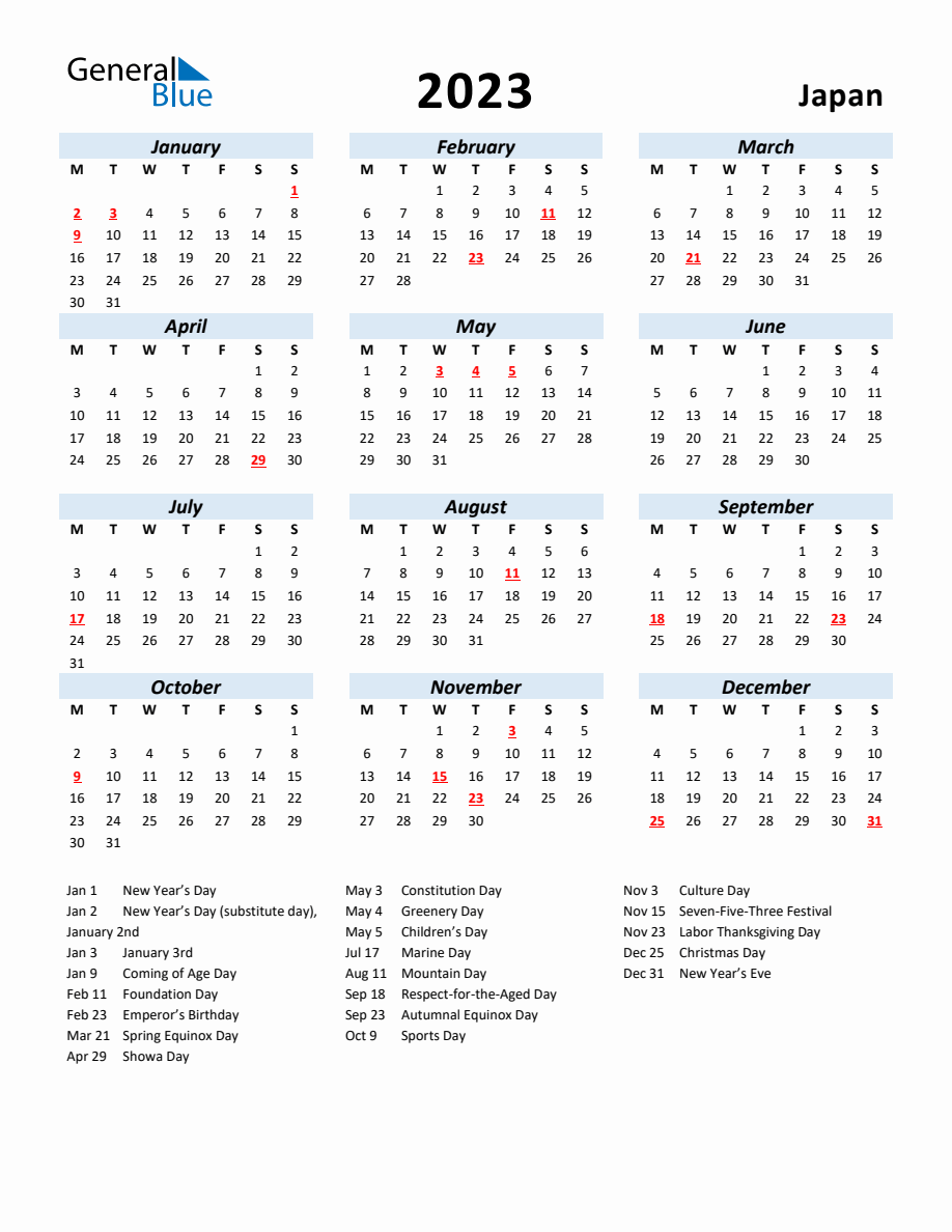 2023 Yearly Calendar for Japan with Holidays - Monday Start