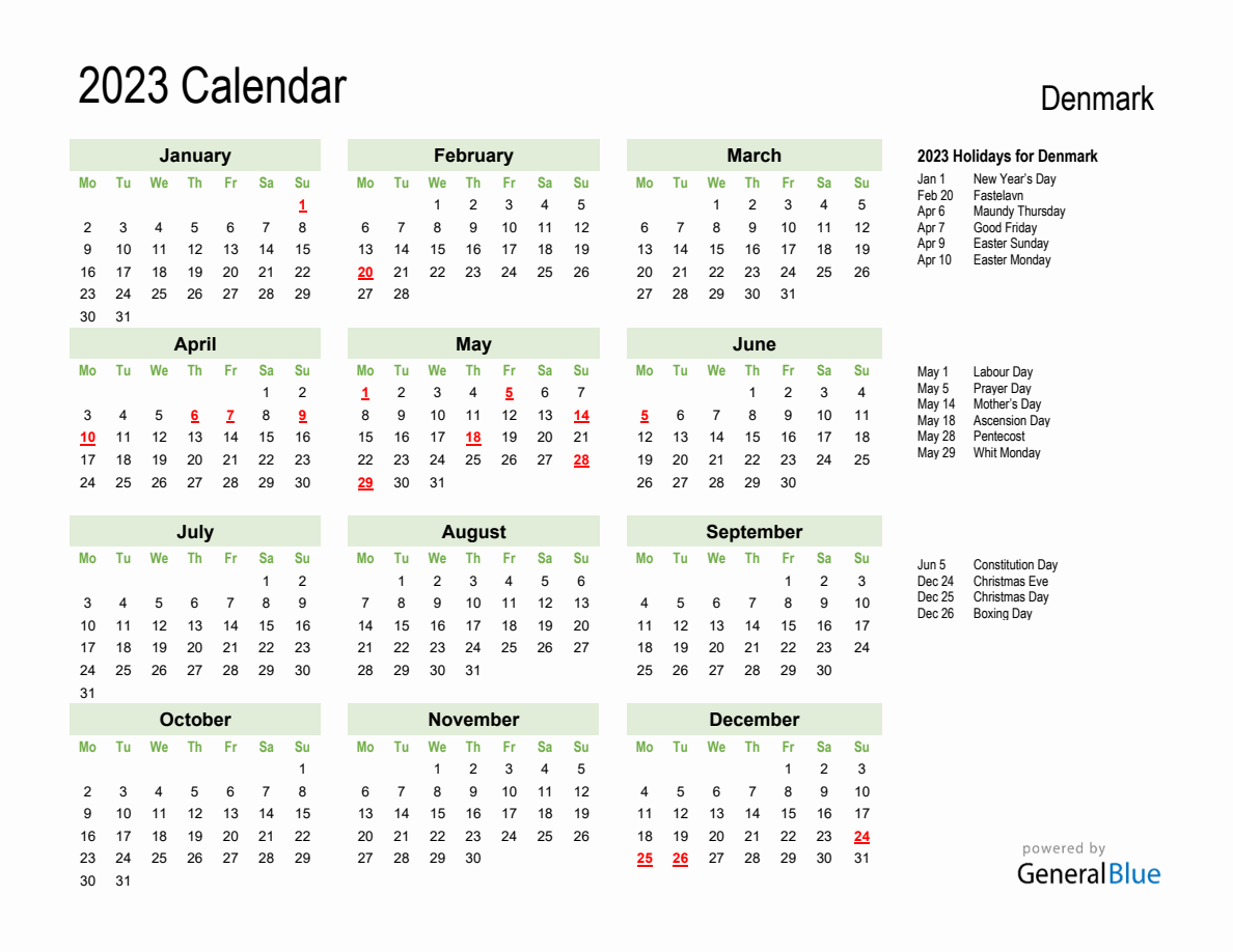 Holiday Calendar 2023 for Denmark - Monday Start