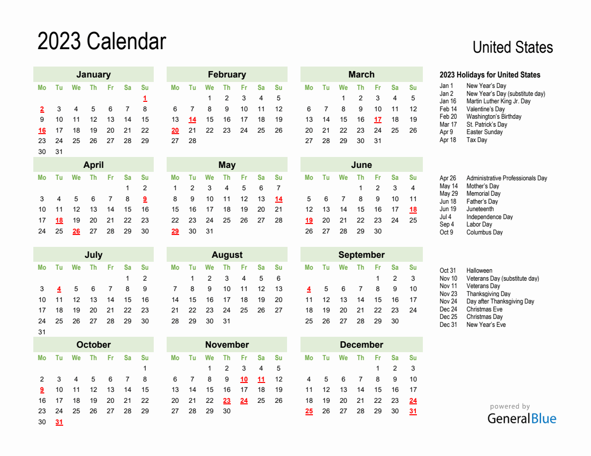 Holiday Calendar 2023 for United States - Monday Start