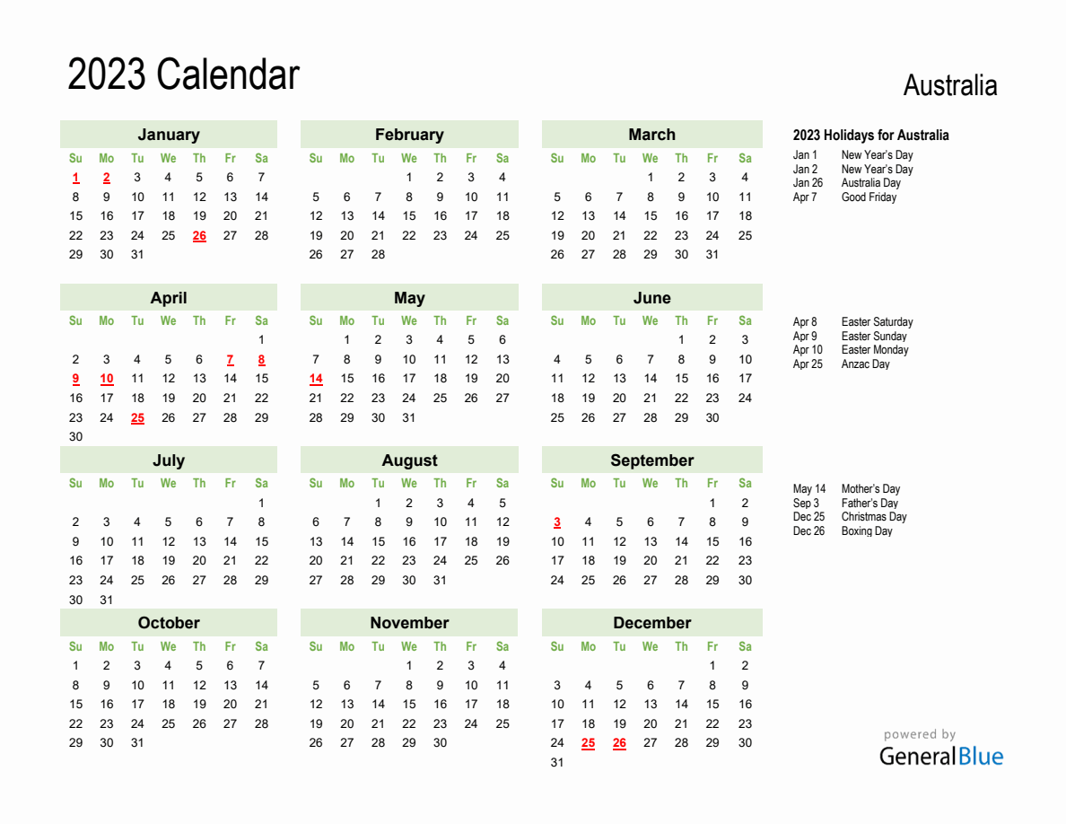 Holiday Calendar 2023 for Australia