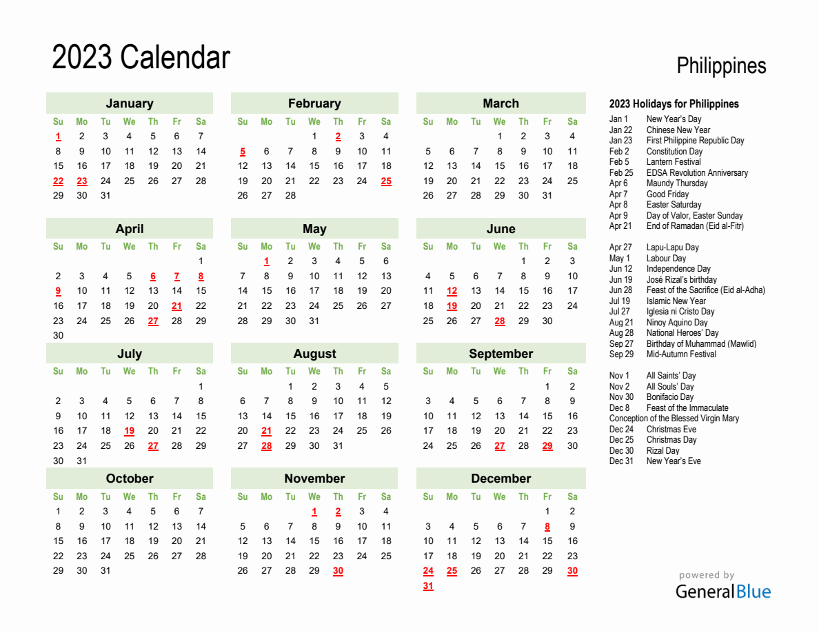 Holiday Calendar 2023 for Philippines