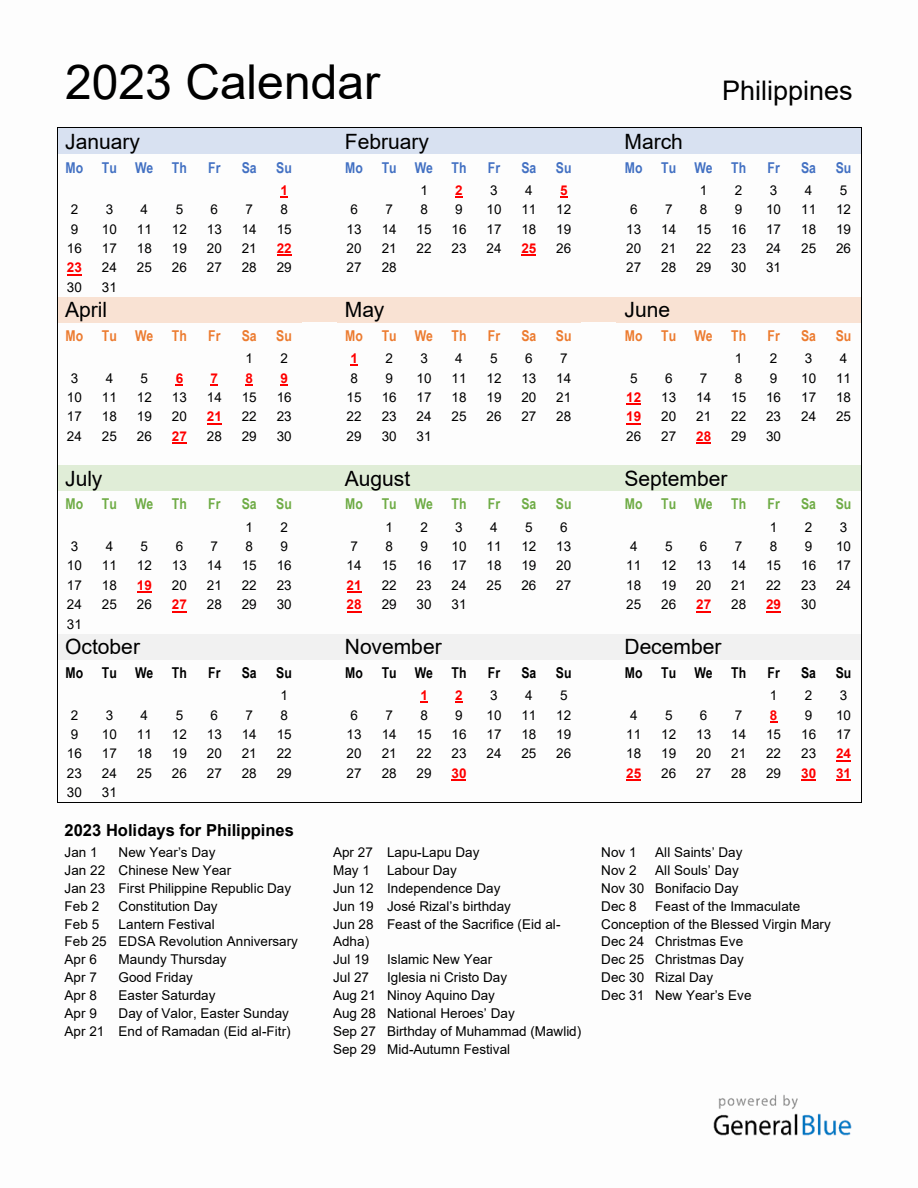 Annual Calendar 2023 with Philippines Holidays - Monday Start