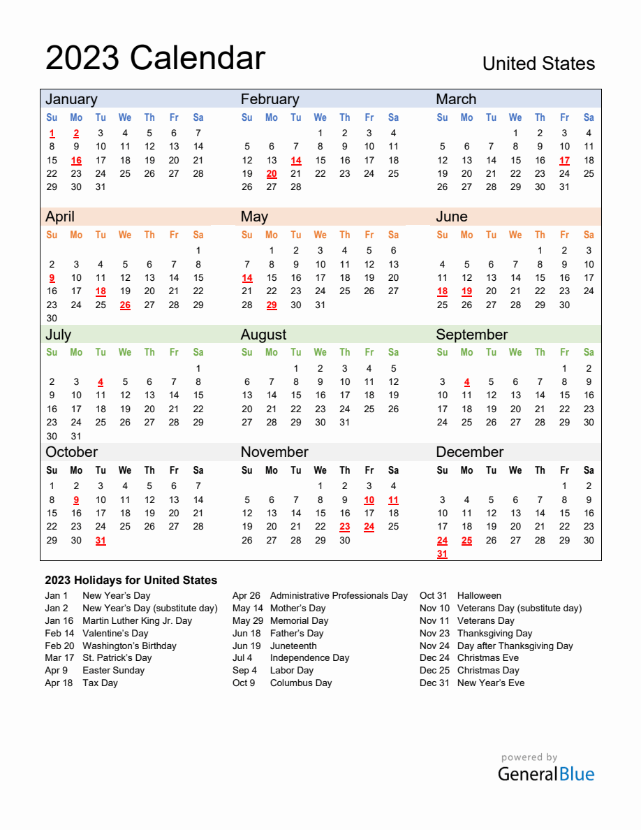 Annual Calendar 2023 with United States Holidays