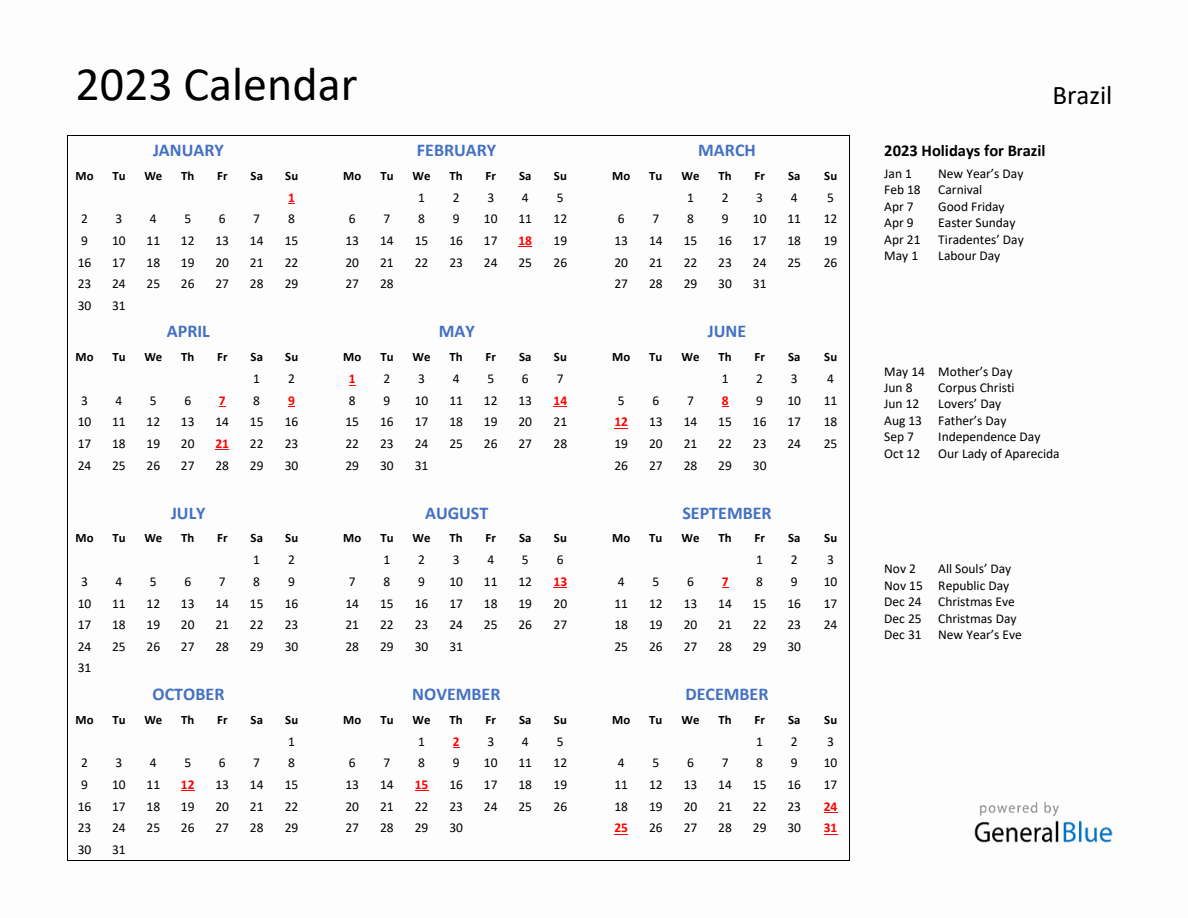 2023 Calendar with Holidays for Brazil - Monday Start