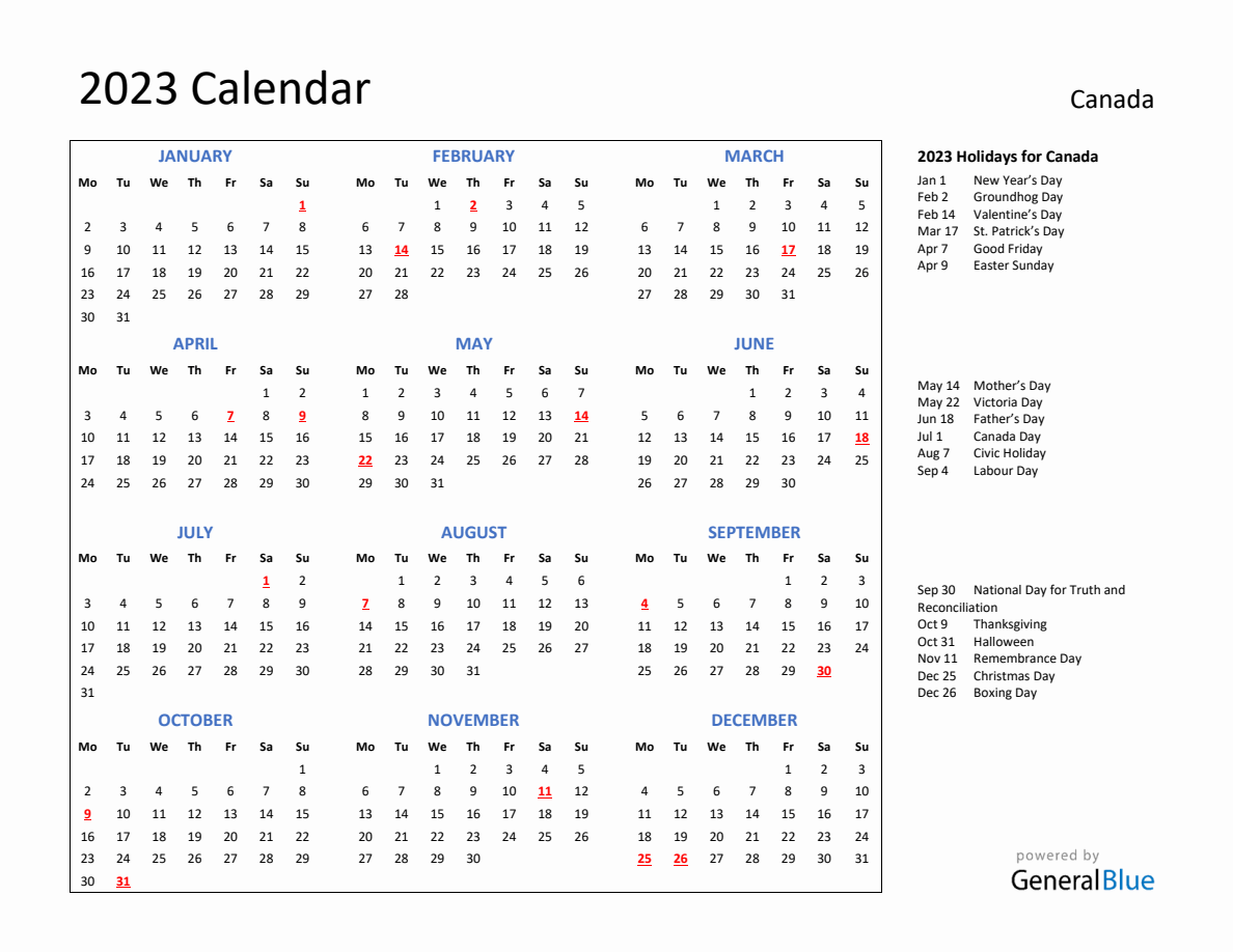 2023 Calendar with Holidays for Canada - Monday Start