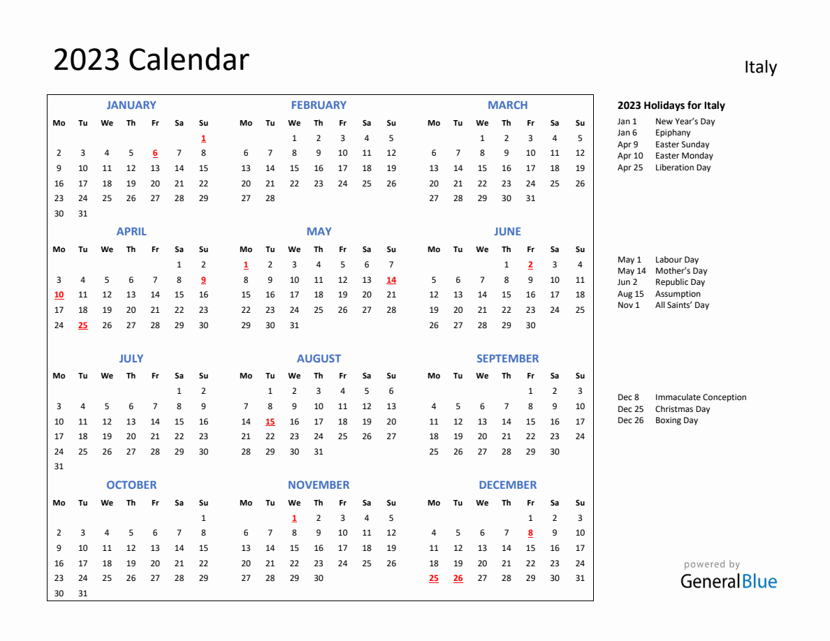2023 Calendar with Holidays for Italy - Monday Start