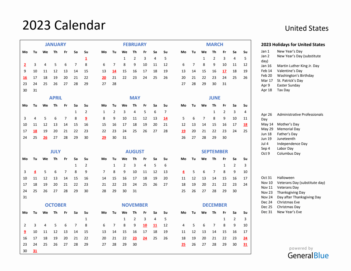 2023 Calendar with Holidays for United States - Monday Start