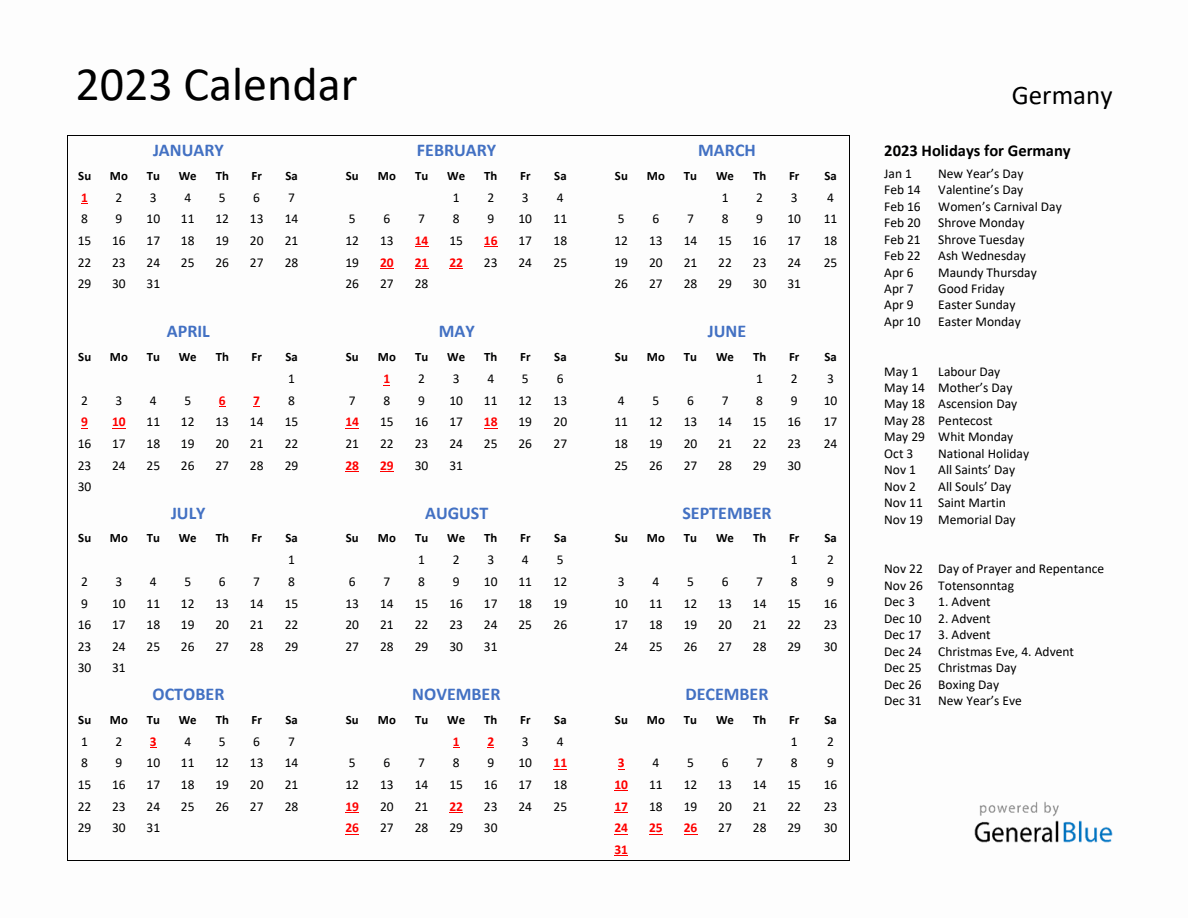 2023 Calendar with Holidays for Germany
