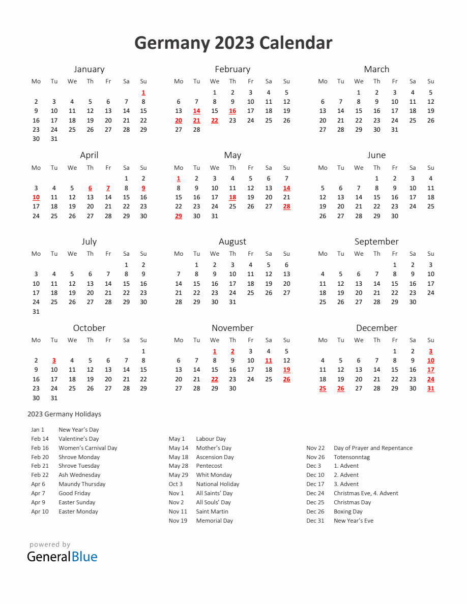 2023 Yearly Calendar Printable With Germany Holidays - Monday Start