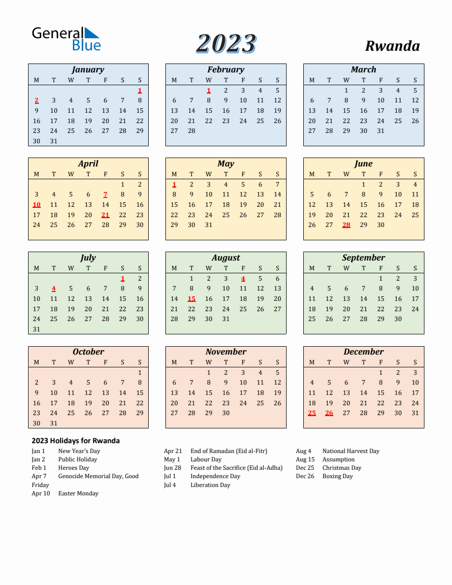 2023 Rwanda Calendar - Monday Start