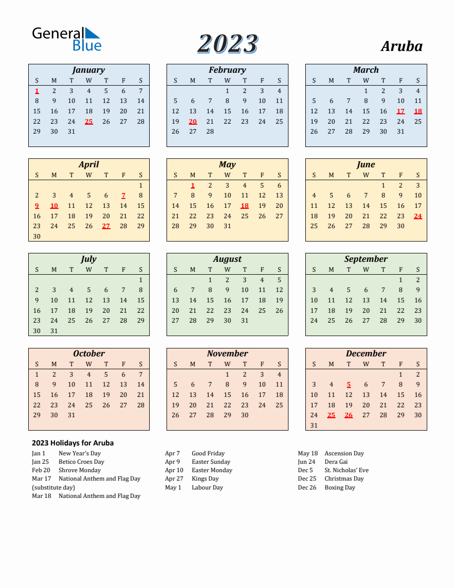 2023 Aruba Calendar