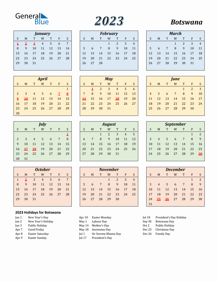 2023 Botswana Calendar