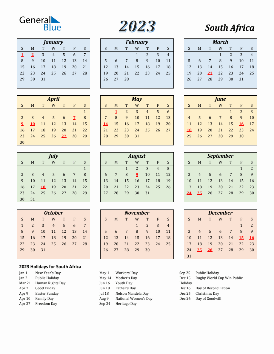 2023 South Africa Calendar with Sunday Start