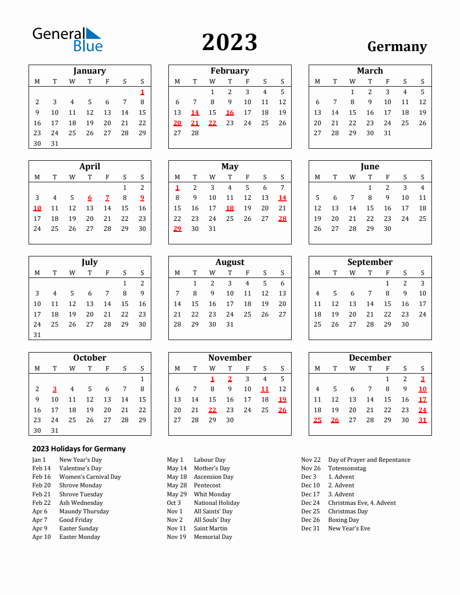Free Printable 2023 Germany Holiday Calendar - Monday Start
