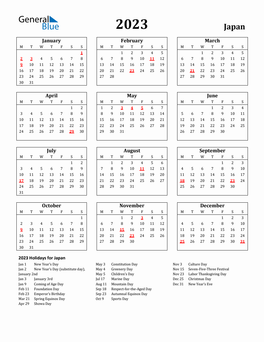 Free Printable 2023 Japan Holiday Calendar - Monday Start