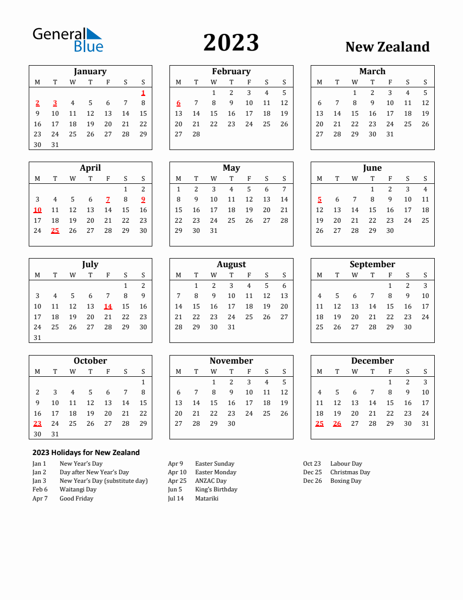 Free Printable 2023 New Zealand Holiday Calendar - Monday Start