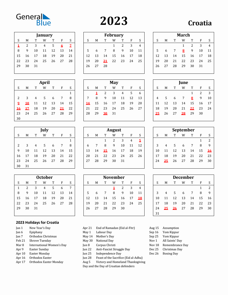 Free Printable 2023 Croatia Holiday Calendar