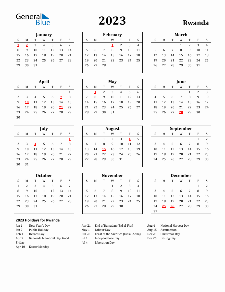 Free Printable 2023 Rwanda Holiday Calendar