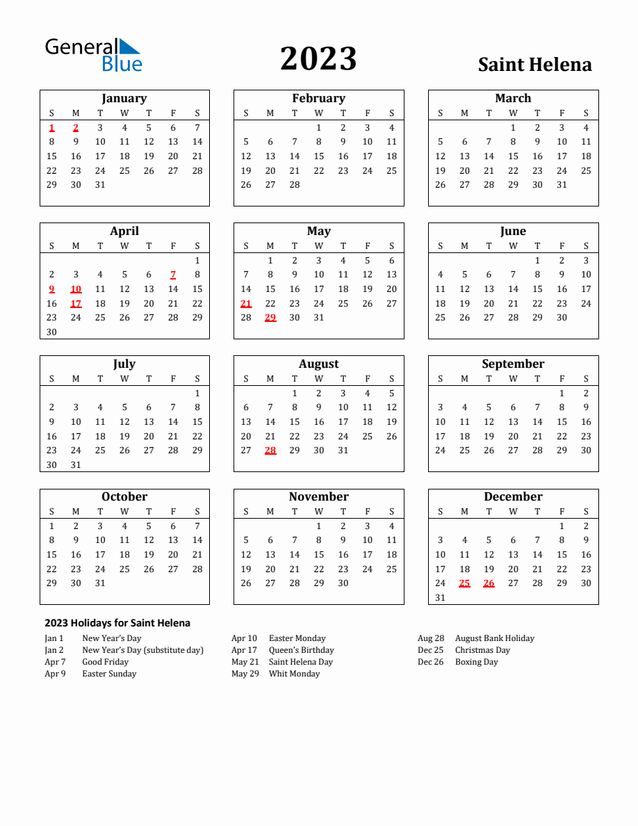 Free Printable 2023 Saint Helena Holiday Calendar